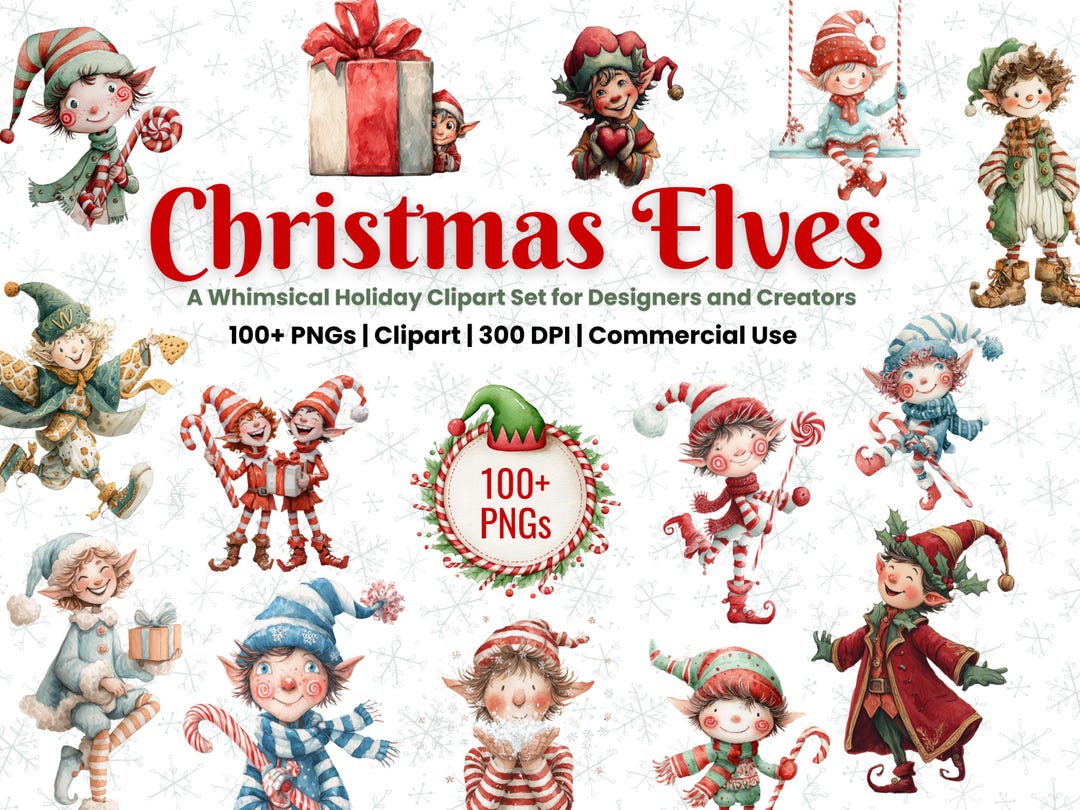 Holiday Elves - 100+ Watercolor Christmas Elves Clipart PNG Bundle ...