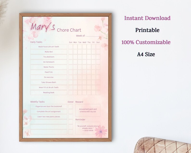 Pink Daily Chore Chart for Kids Responsibility Chart Printable Digital ...