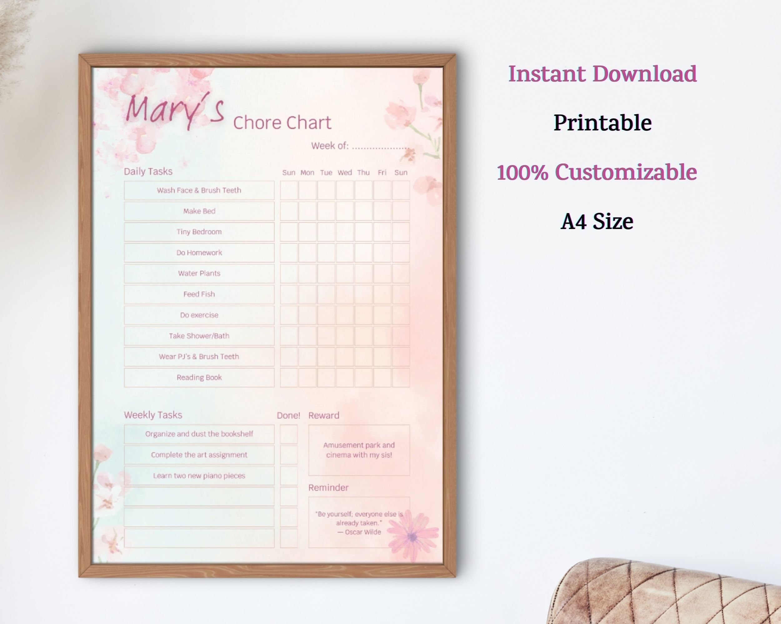 Pink Daily Chore Chart for Kids Responsibility Chart Printable Digital ...