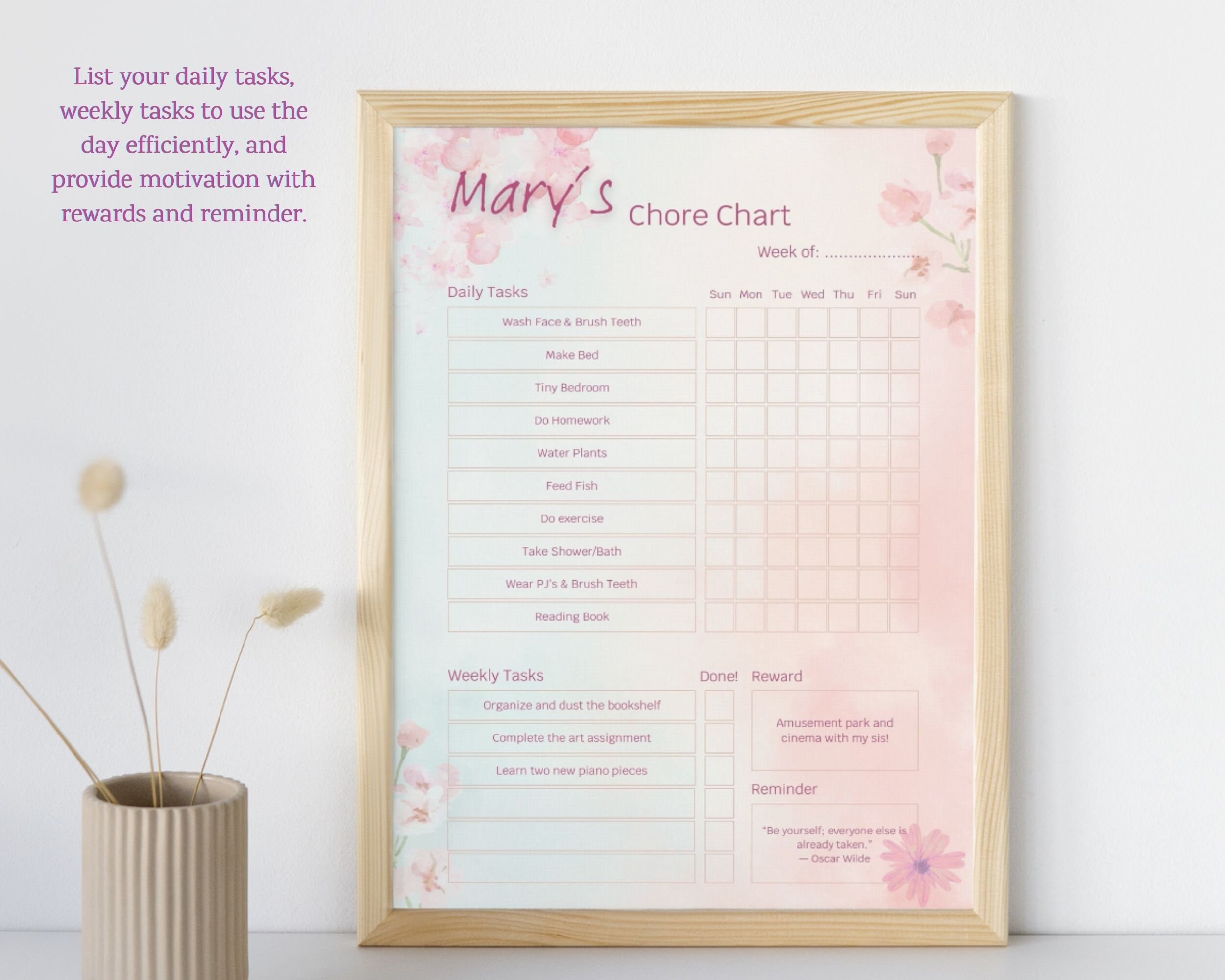 Pink Daily Chore Chart for Kids Responsibility Chart Printable Digital ...
