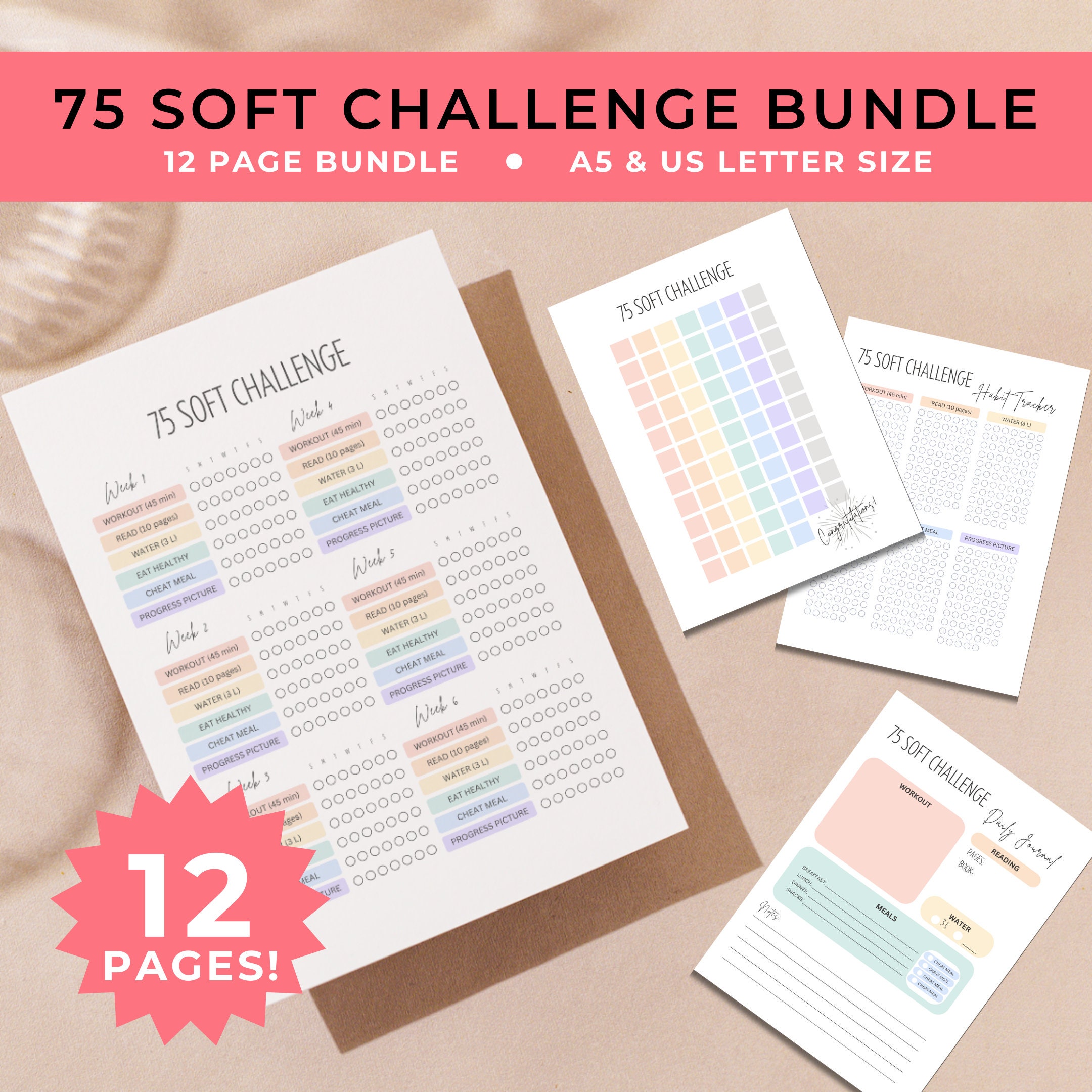 75 Soft Challenge Tracker, Printable A5 Planner Inserts, Soft 75 ...