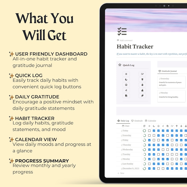 Aesthetic Notion Template, Notion Habit Tracker, Wellness Tracker, Gratitude Journal, Self Care ...