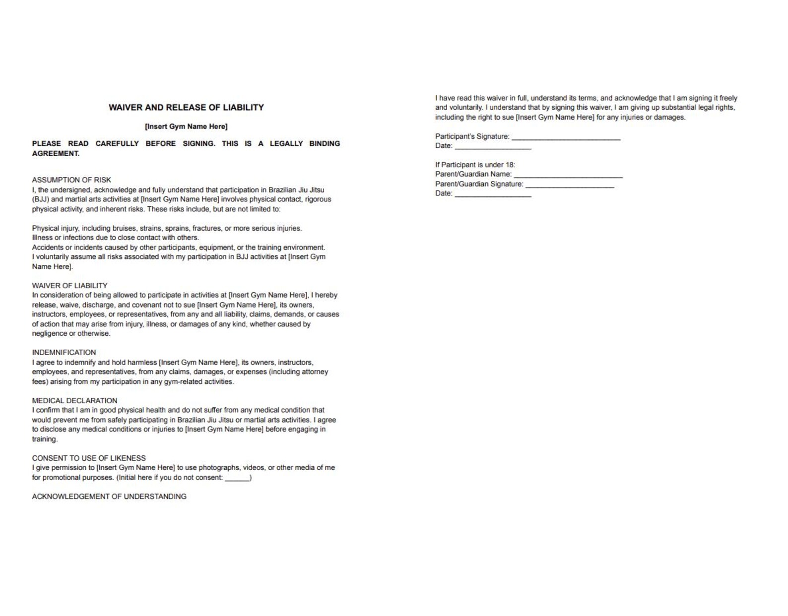 Customizable Jiu Jitsu Gym Waiver - Etsy