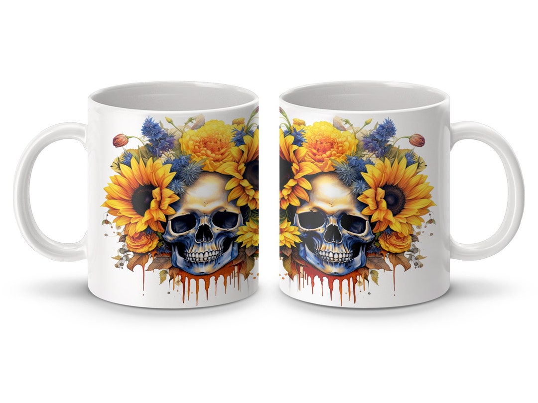 Floral Skull Mug, Sunflower and Daisy Bouquet, Unique Gothic Coffee Cup ...