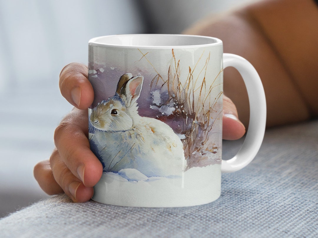 Bunny Reflection Watercolor Mug, Winter Rabbit Coffee Cup, Snowy Animal ...