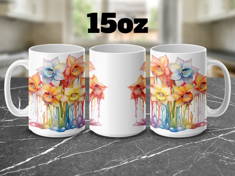 Colorful Dripping Daffodils Art Mug, Vibrant Watercolor Flower Mug ...