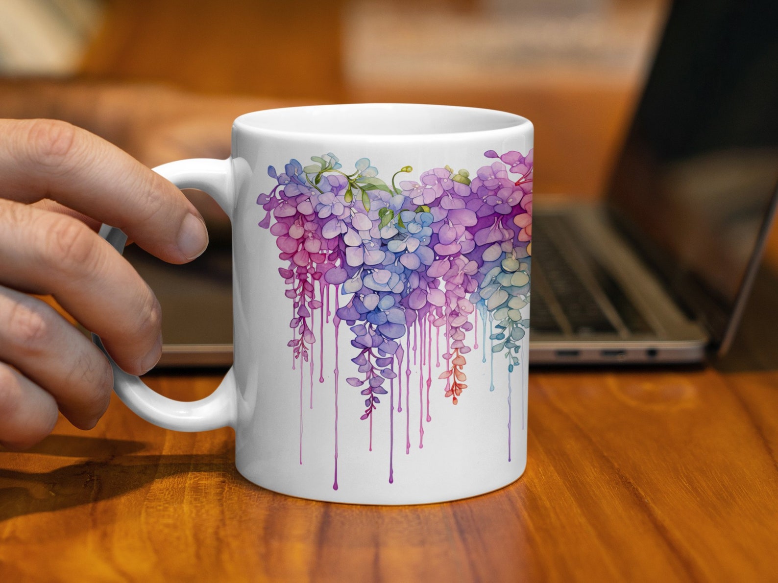 Vibrant Watercolor Wisteria Mug, Colorful Dripping Flower Design ...