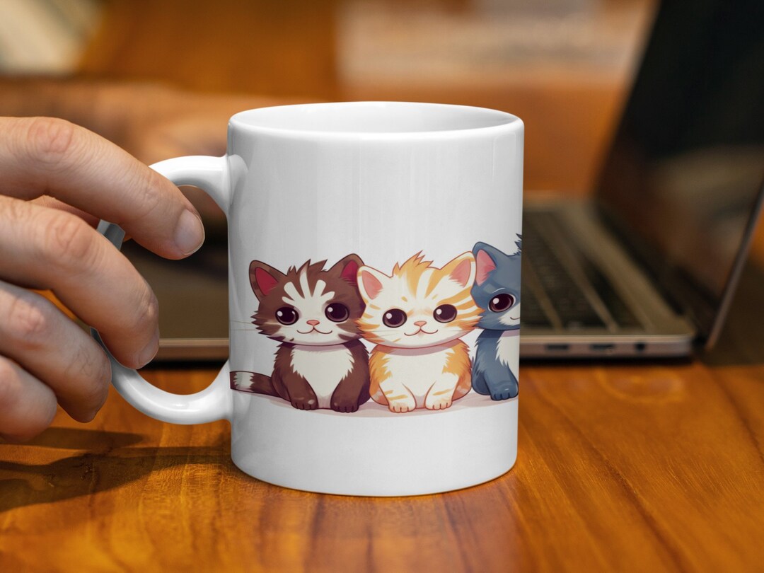 Cute Cartoon Cat Mug, Colorful Kitten Illustration Coffee Cup ...