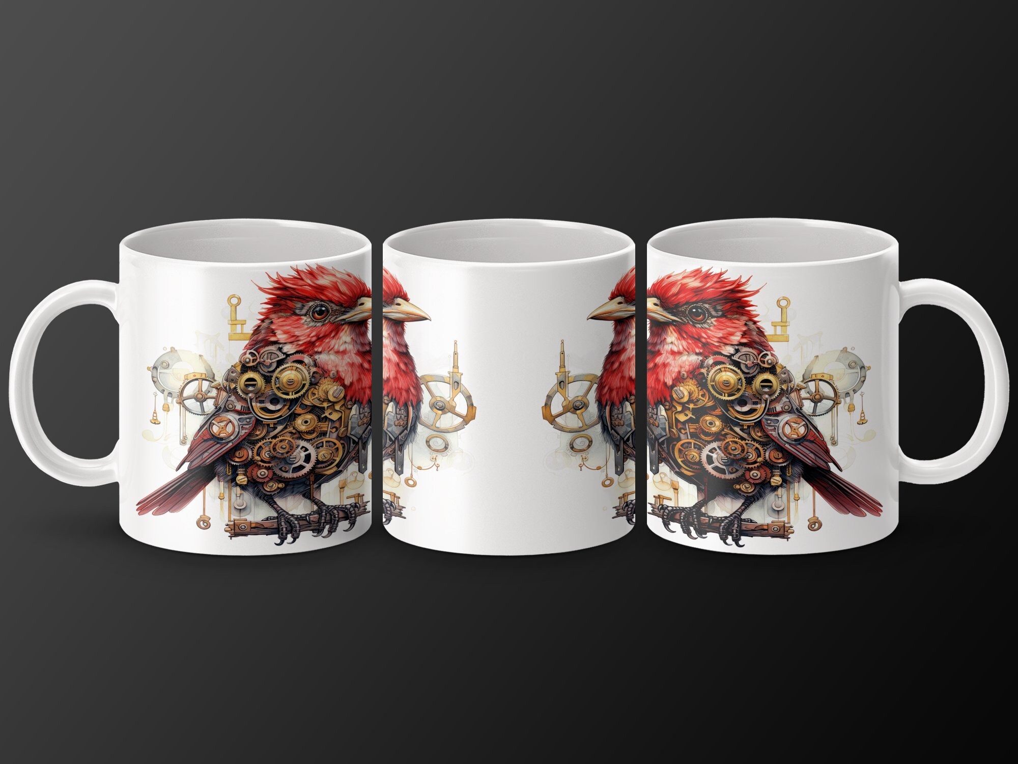 Steampunk Bird Mug, Red Cardinal With Gears and Cogs, Unique Coffee Cup ...