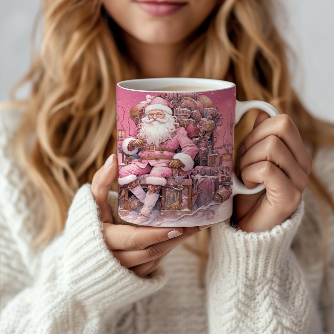 Pink Santa Claus Christmas Mug, Santa in Pink Suit on Sleigh Mug ...