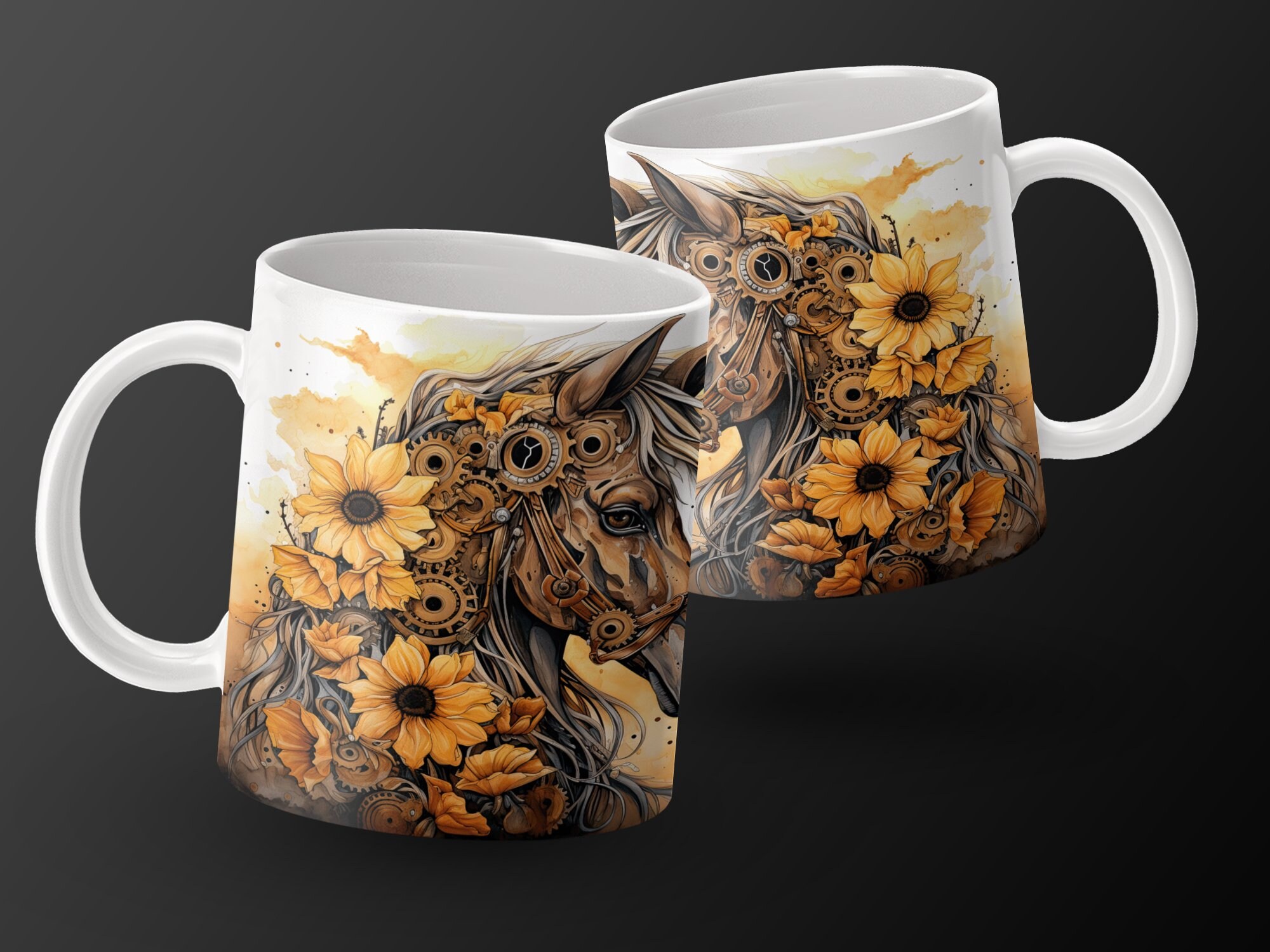 Beautiful Steampunk Horse Design Mug With Sunflowers, Unique Coffee Mug ...