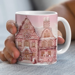 Gingerbread House Themed Mug, Cottage Style Coffee Cup, Pink Winter ...