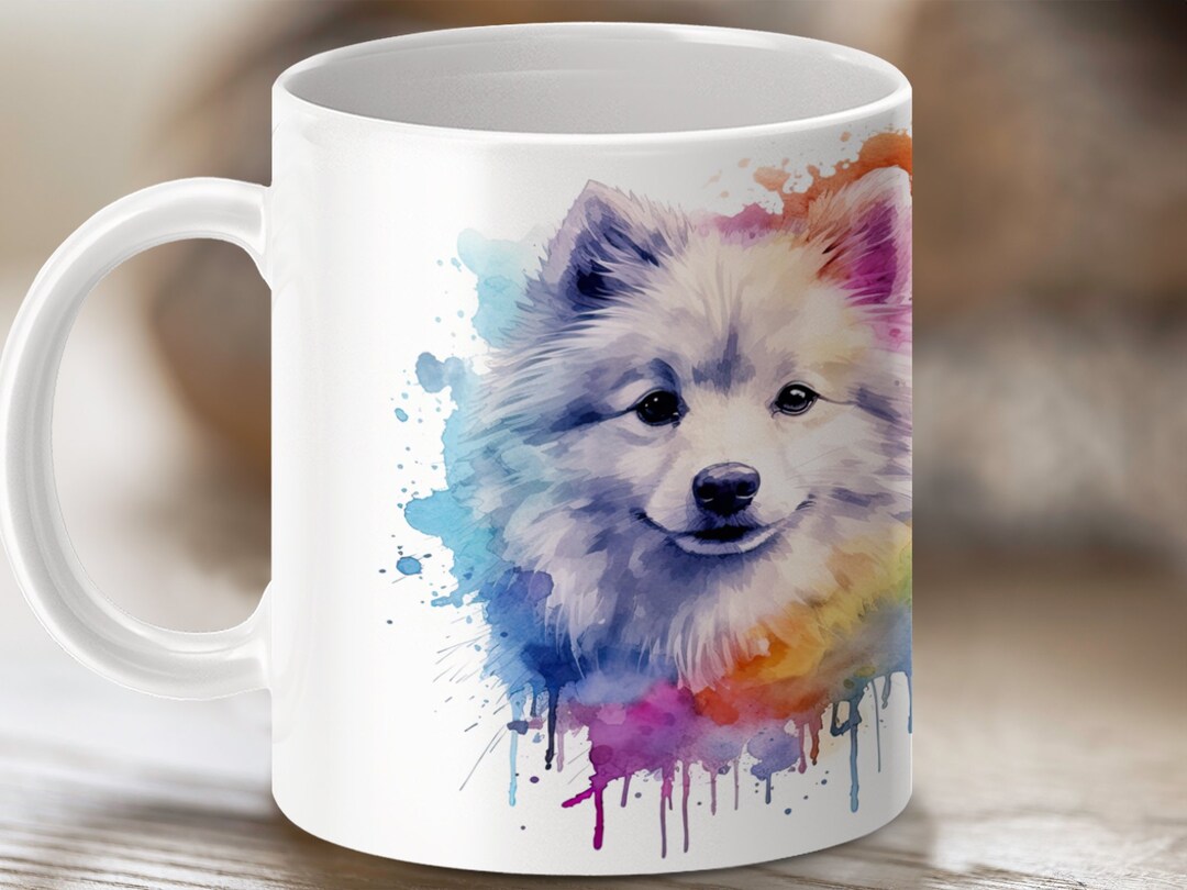 Cute Samoyed Dog Watercolor Art on Mug, Colorful and Artistic Dog Lover ...