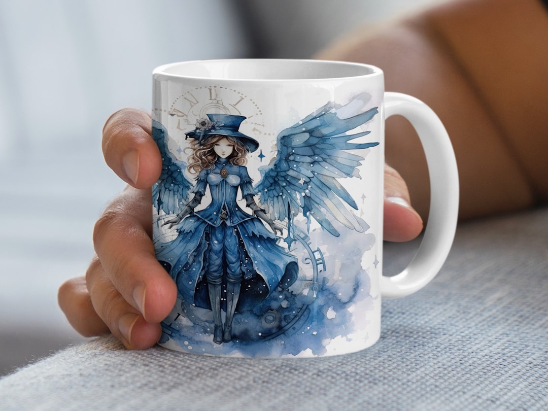 Fantasy Angel With Clock Wings Art, Blue Angelic Figure Mug, Whimsical ...