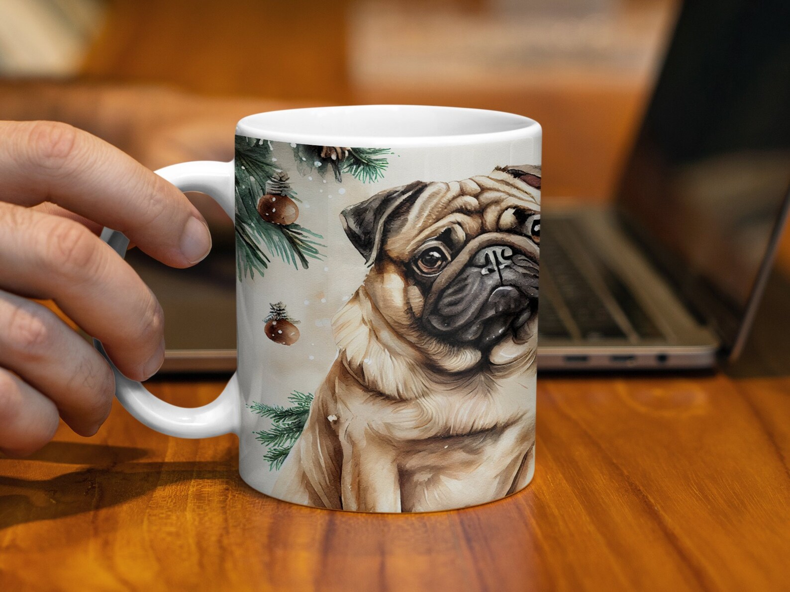 Winter Pug Dog Mug, Cute Pug With Christmas Trees and Ornaments, Dog ...