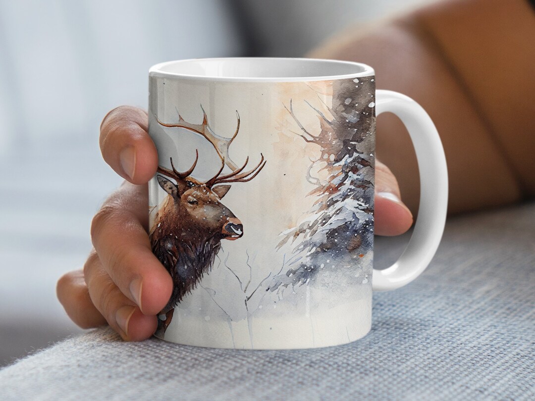 Winter Elk Watercolor Mug, Rustic Cabin Decor, Forest Animal Coffee Cup ...