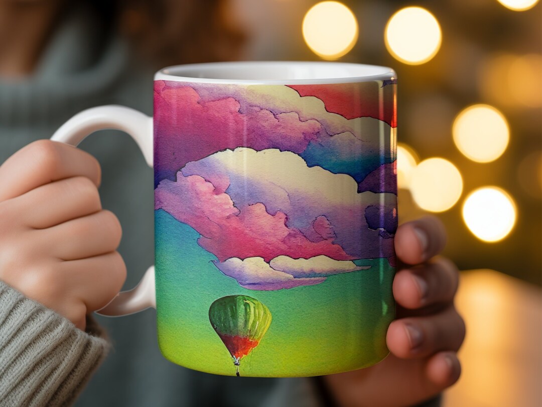 Colorful Hot Air Balloon Mug, Watercolor Sky, Inspirational Coffee Cup ...