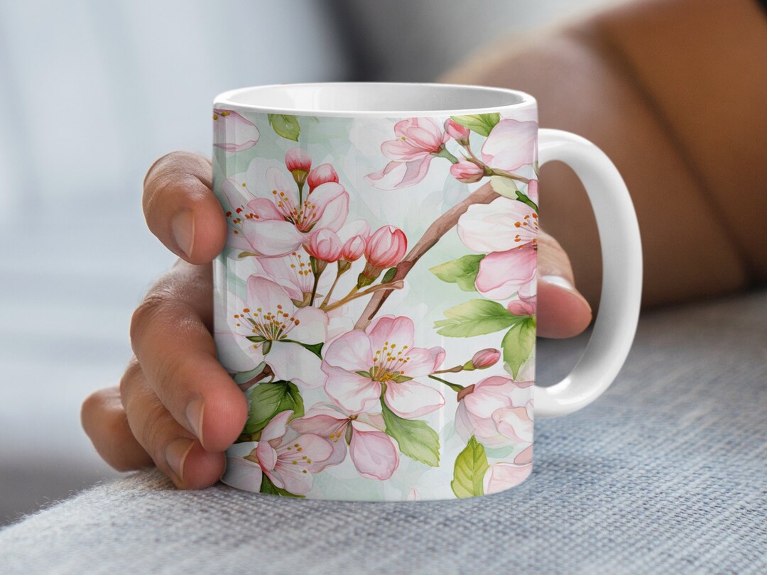 Floral Symphony Mug, Watercolor Blossoms Art, Elegant Coffee Cup ...