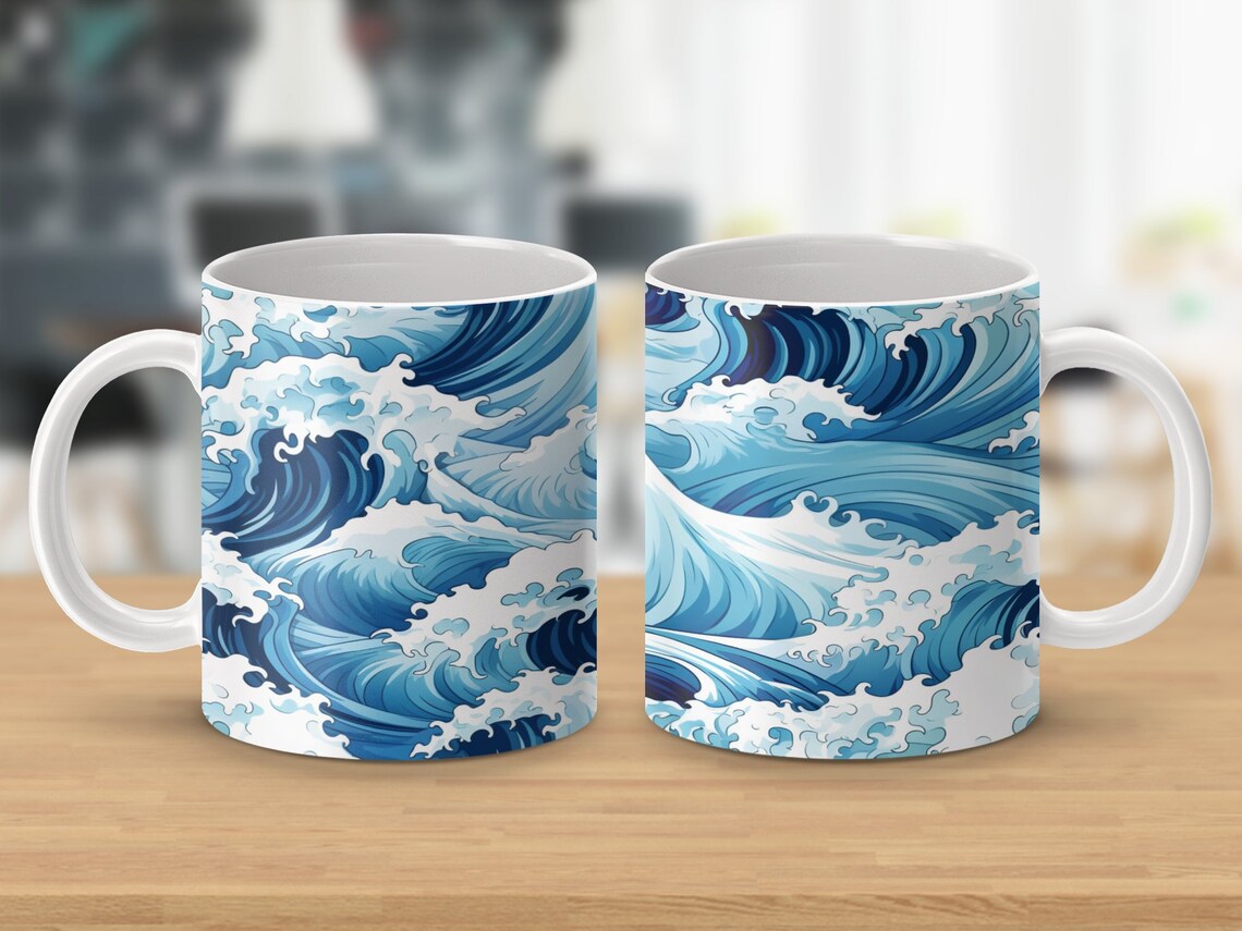 Ocean Waves Coffee Mug, Blue and White Nautical Ceramic Cup, Coastal ...