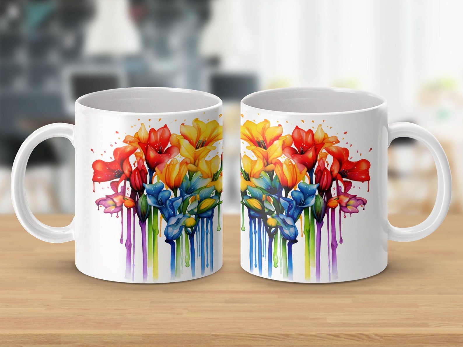 Colorful Floral Drip Art Mug, Artistic Coffee Cup, Unique Watercolor ...