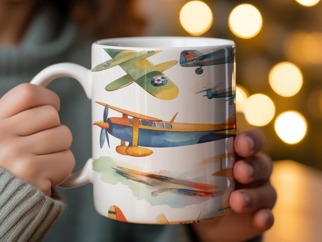 Vintage Airplane Mug, Colorful Aircraft Pattern Coffee Cup, Aviation ...