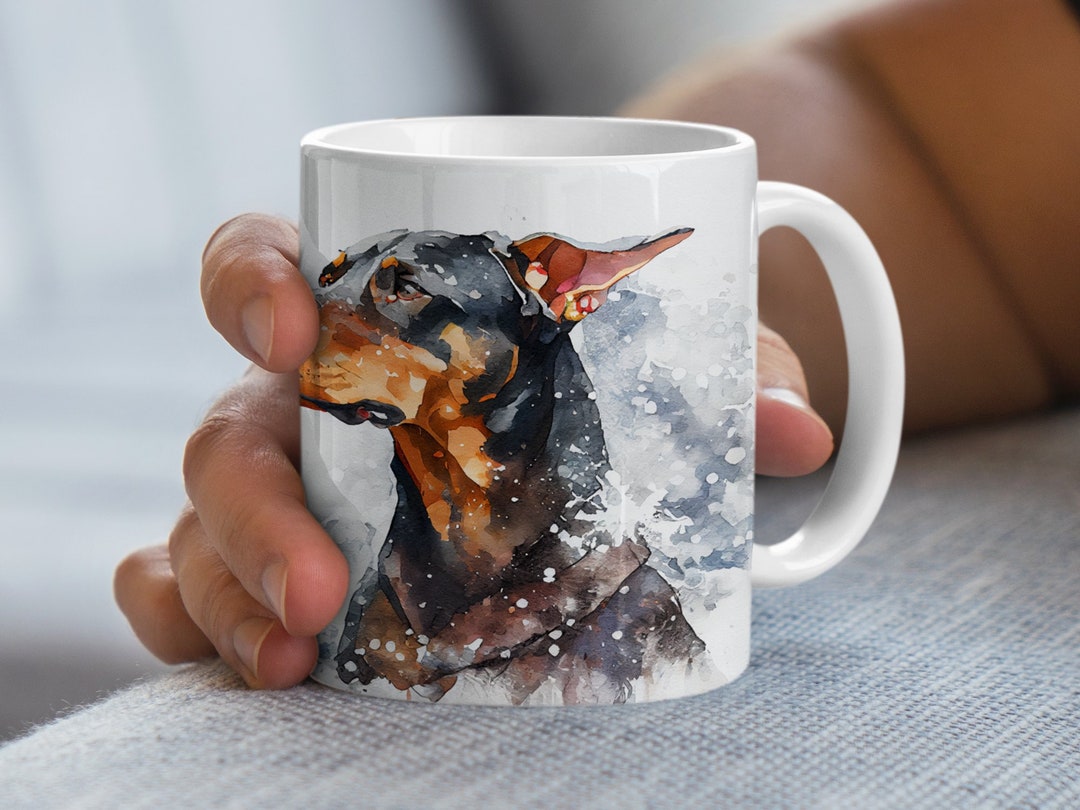 Doberman Painting Mug, Watercolor Dog Portrait Coffee Cup, Unique ...