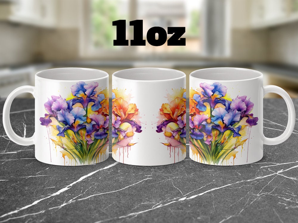Watercolor Iris Flower Art Mug, Vibrant Floral Mug With Colorful Iris ...
