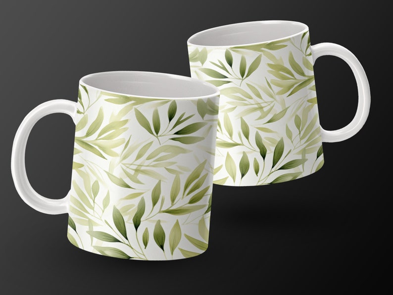 Elegant Green Leaf Pattern Mug, Symmetrical Botanical Design Coffee Cup ...