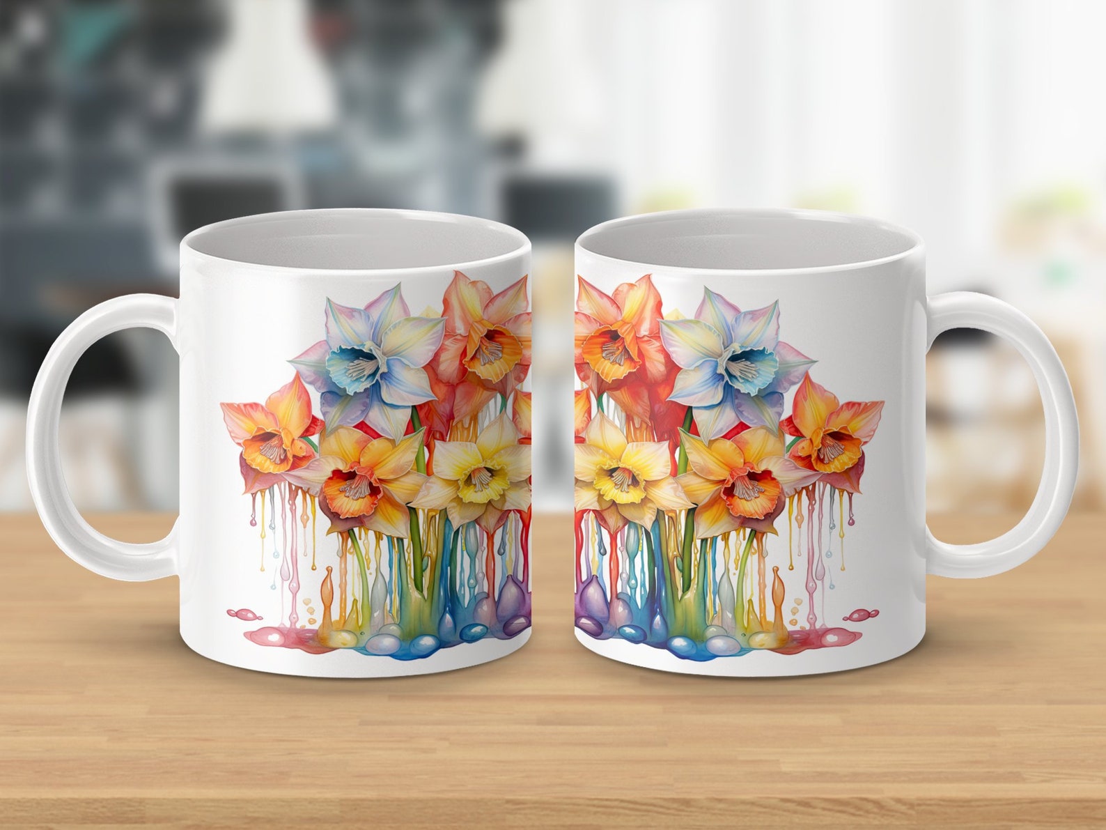 Colorful Dripping Daffodils Art Mug, Vibrant Watercolor Flower Mug ...