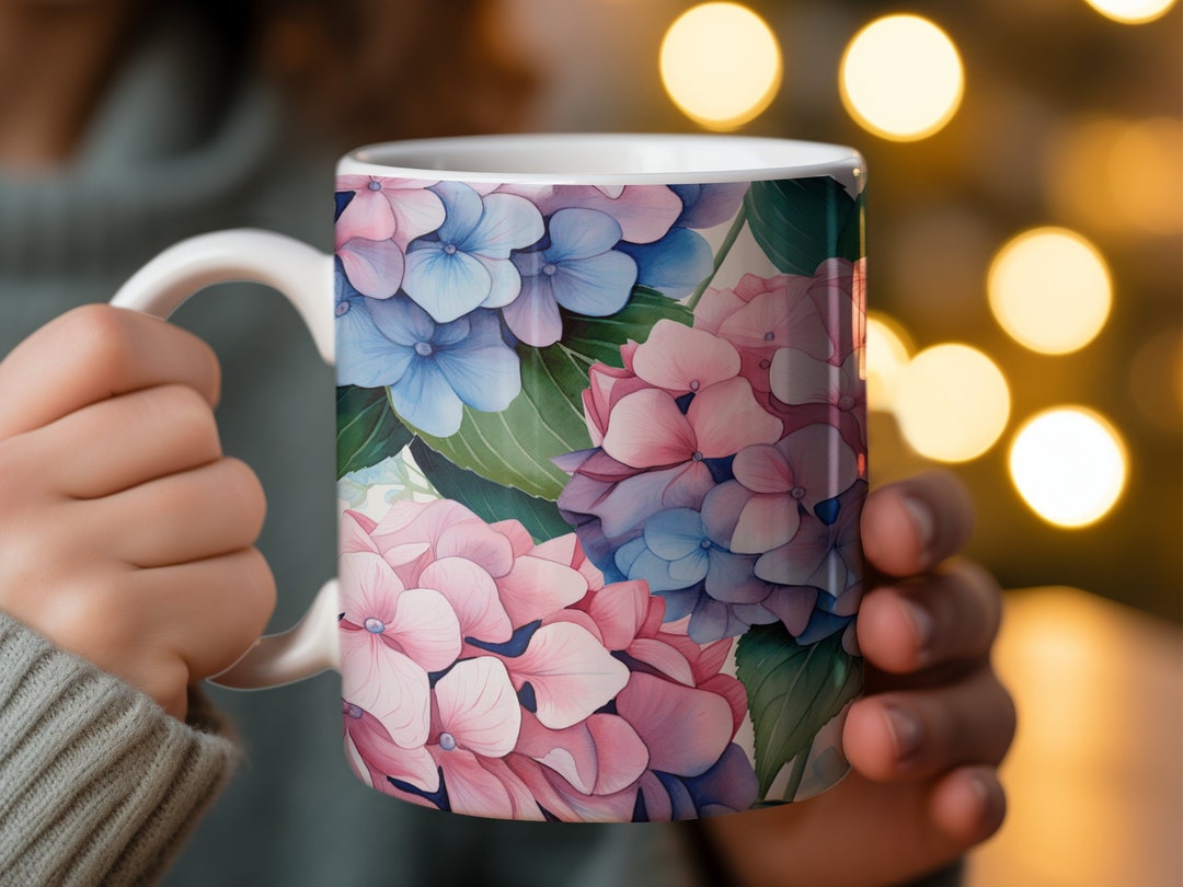 Floral Hydrangea Mug, Watercolor Flower Coffee Cup, Botanical Garden ...