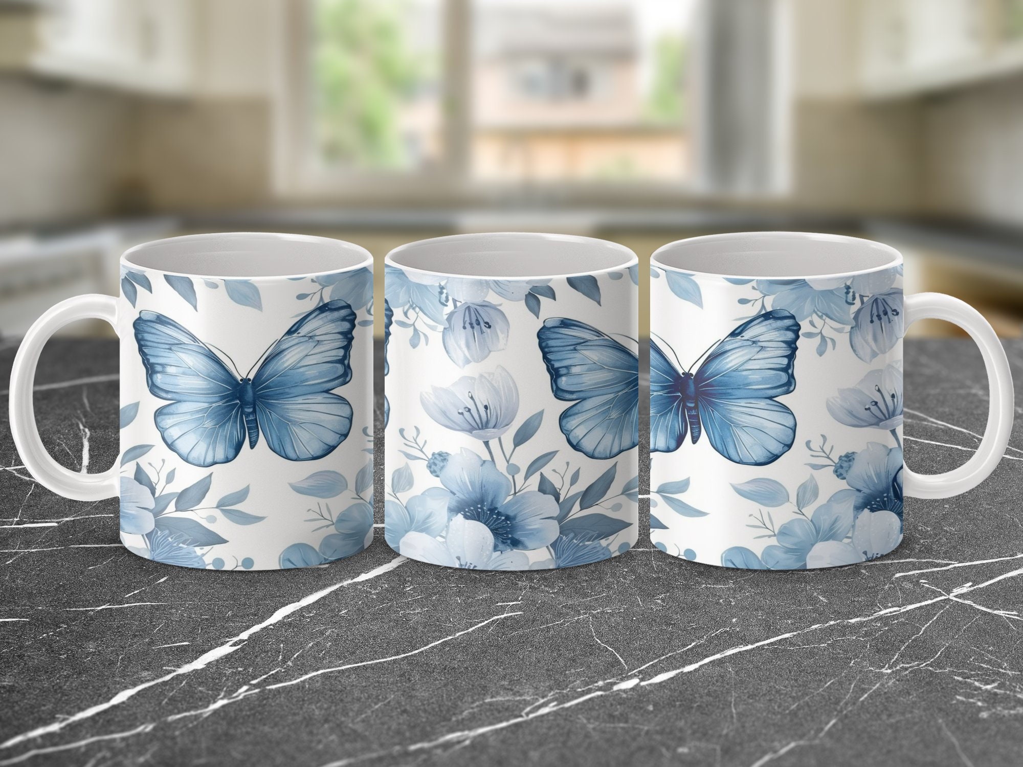 Blue Butterfly Floral Mug, Elegant Nature Inspired Drinkware, Botanical ...