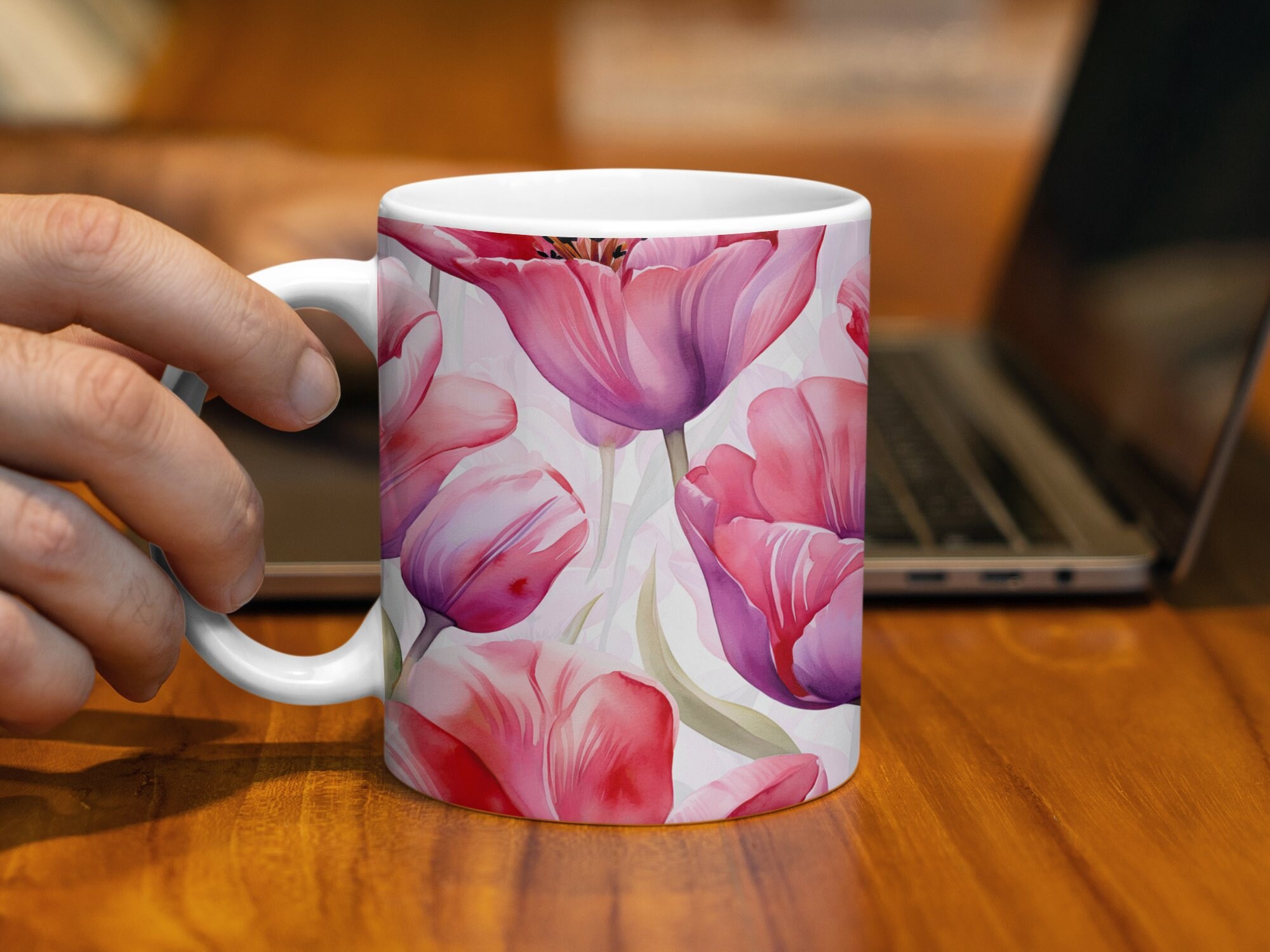 Floral Mug, Pink Tulip Reflection Design, Elegant Coffee Cup, Gift for ...