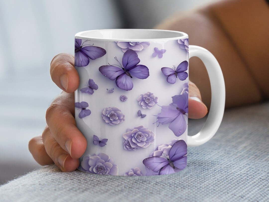 Purple Butterfly Floral Mug, Nature Inspired Coffee Cup, Beautiful ...