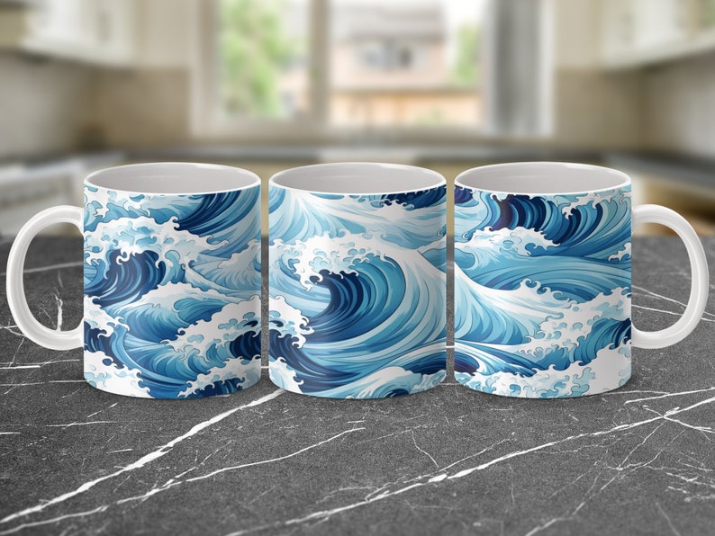 Ocean Waves Coffee Mug, Blue and White Nautical Ceramic Cup, Coastal ...