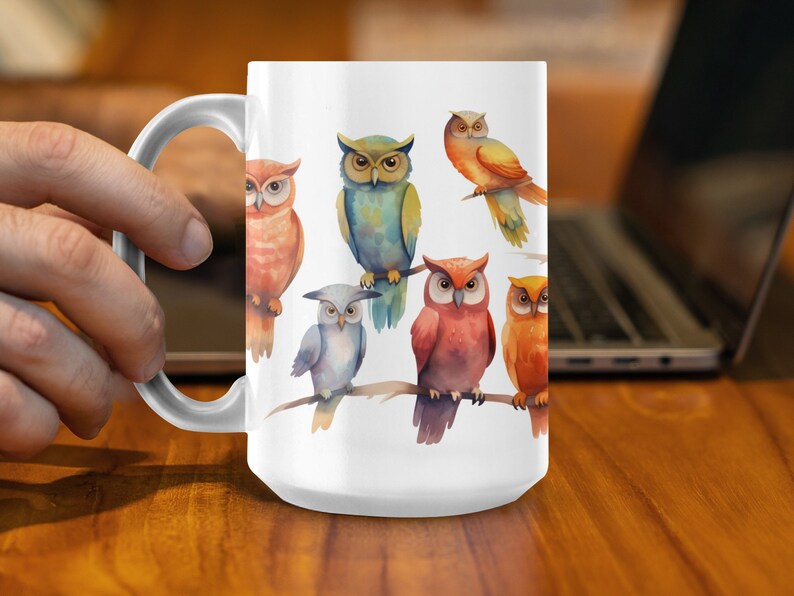 Colorful Watercolor Owl Mug, Cute Owl Art Mug, Artistic Owl Design Mug ...
