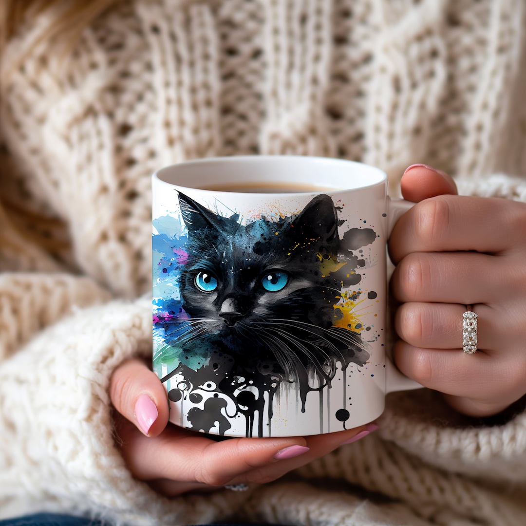 Artistic Cat Mug, Colorful Splash Cat Art, Blue Eyed Cat Mug, Unique ...