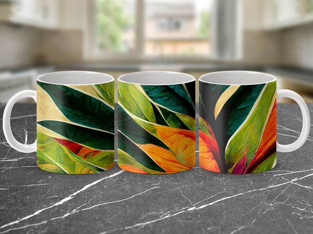 Tropical Leaf Design Coffee Mug, Colorful Botanical Artwork Cup, Exotic ...