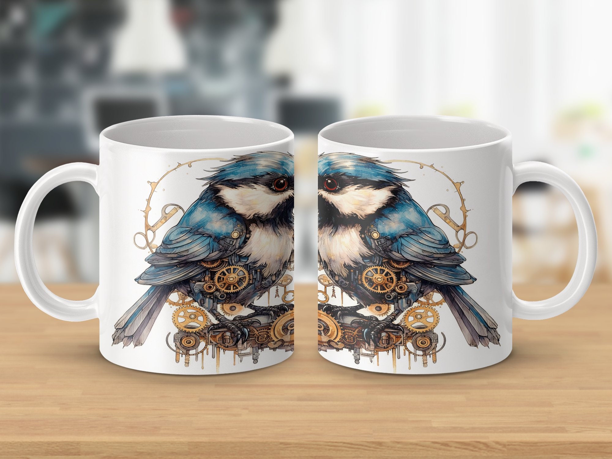 Steampunk Bird Art Mug, Blue Jay With Gears and Clocks, Unique Coffee ...
