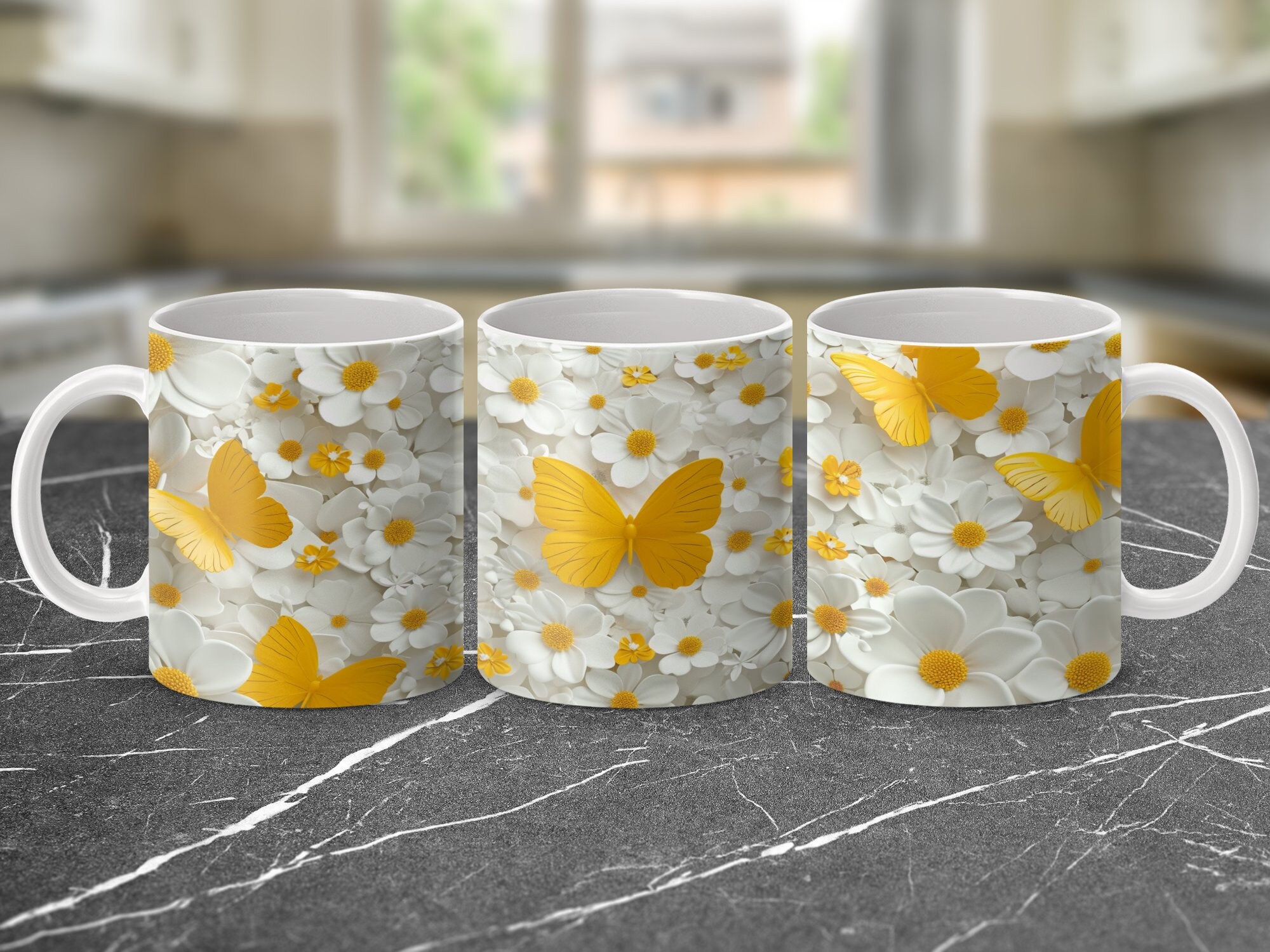 Floral Ceramic Mug, White Flowers, Yellow Butterflies, Spring Garden ...