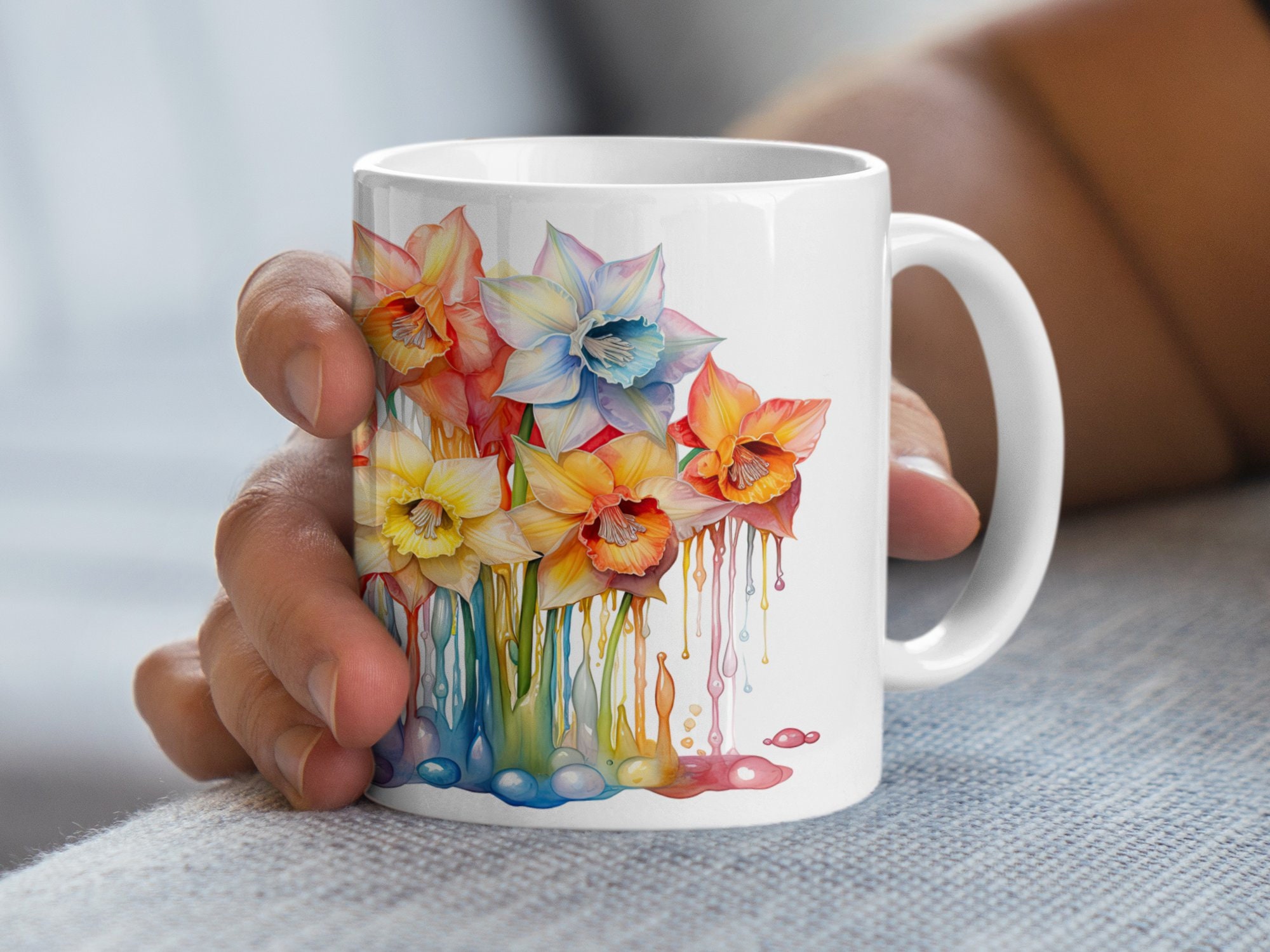 Colorful Dripping Daffodils Art Mug, Vibrant Watercolor Flower Mug ...