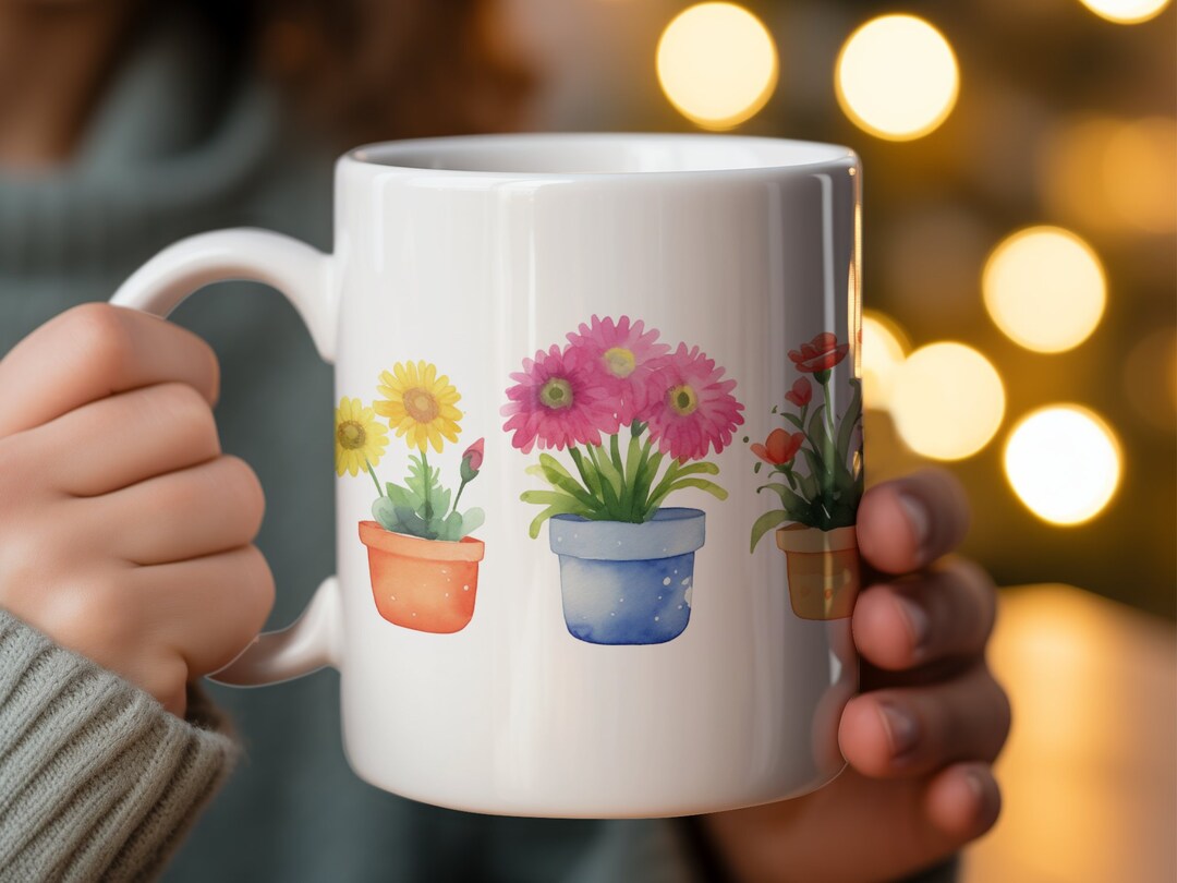 Watercolor Flower Pot Mug, Garden Lovers Coffee Cup, Floral Tea Mug ...