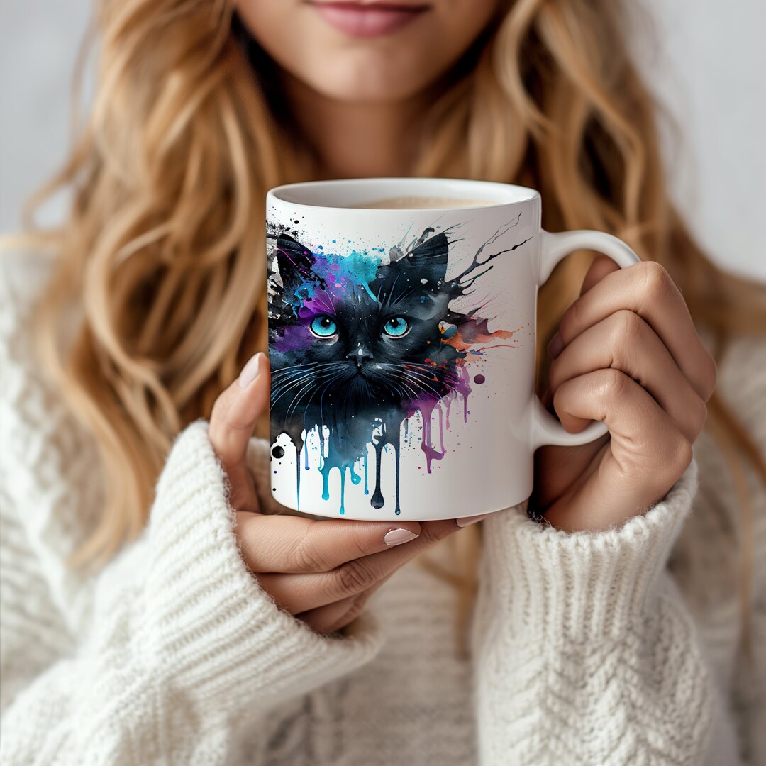 Black Cat Mug, Abstract Cat Art, Cat Lover Gift, Watercolor Art Mug ...