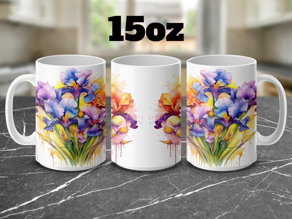 Watercolor Iris Flower Art Mug, Vibrant Floral Mug With Colorful Iris ...