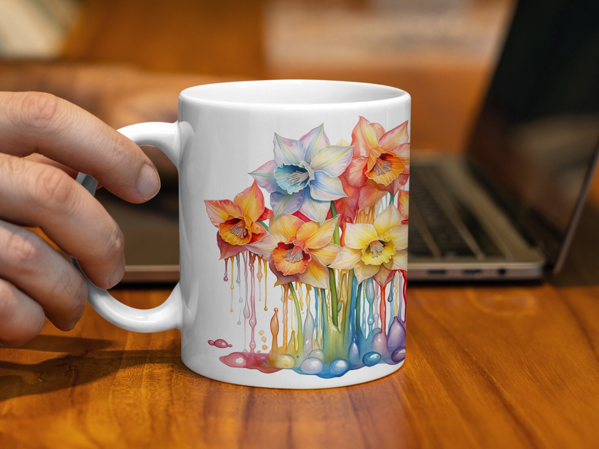 Colorful Dripping Daffodils Art Mug, Vibrant Watercolor Flower Mug ...