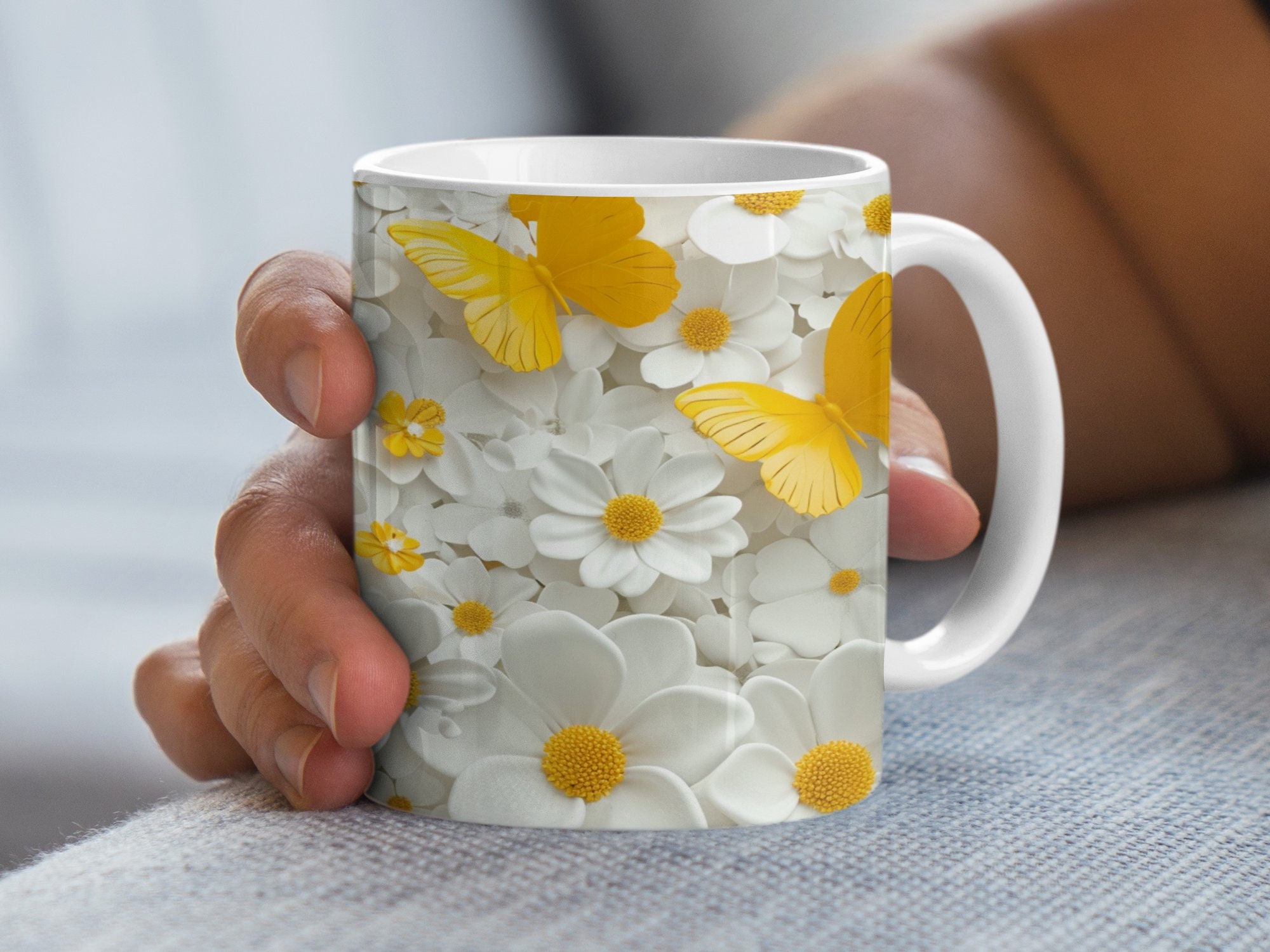 Floral Ceramic Mug, White Flowers, Yellow Butterflies, Spring Garden ...