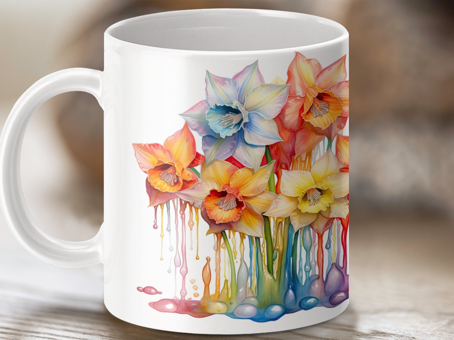 Colorful Dripping Daffodils Art Mug, Vibrant Watercolor Flower Mug ...