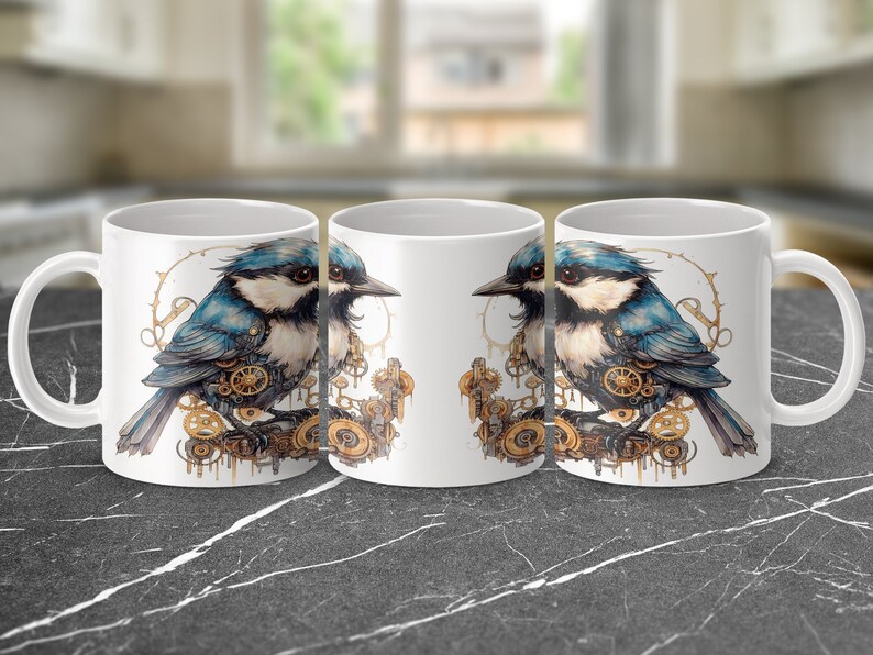 Steampunk Bird Art Mug, Blue Jay With Gears and Clocks, Unique Coffee ...