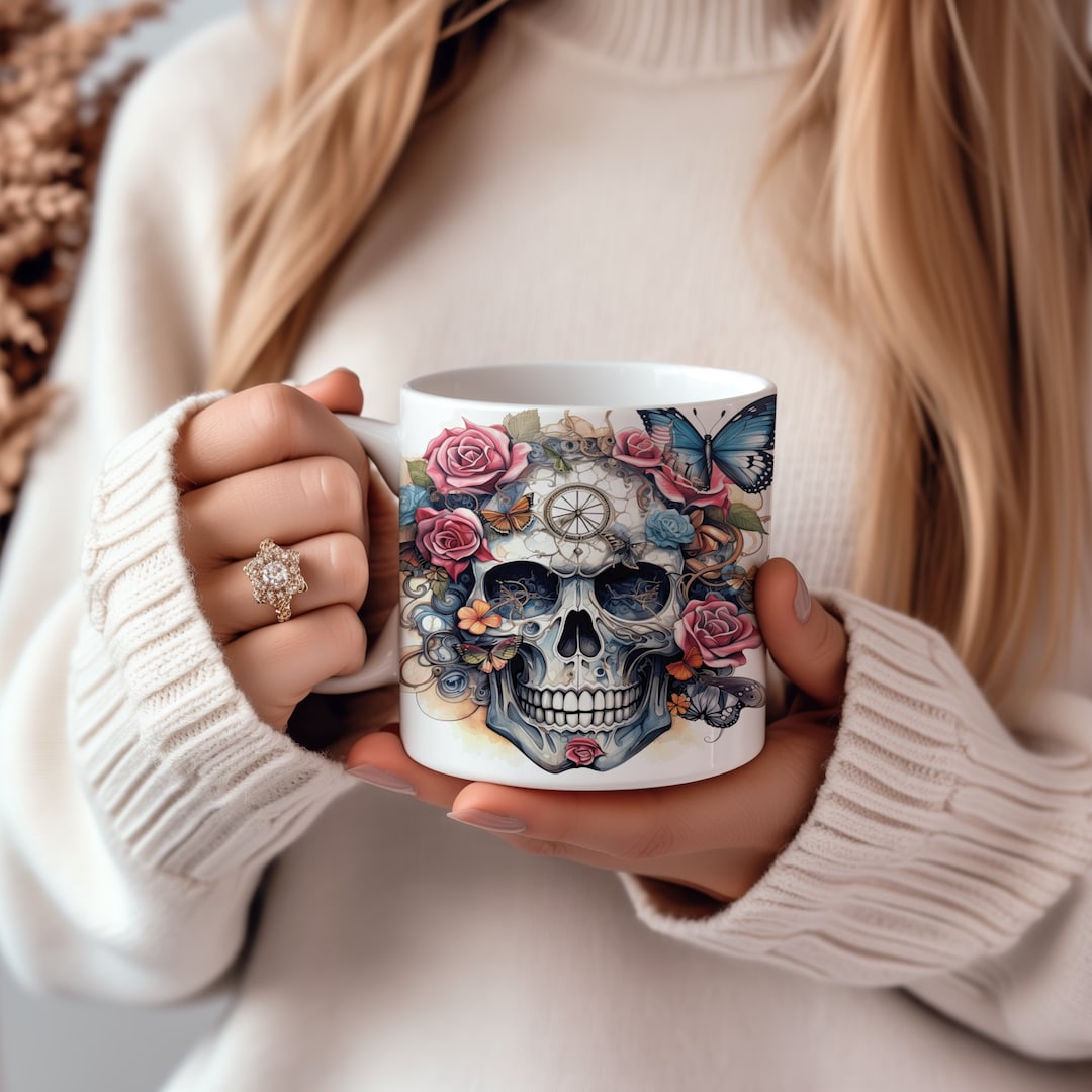 Colorful Skull Art Mug, Butterfly Roses Skull Mug, Gothic Floral Skull ...