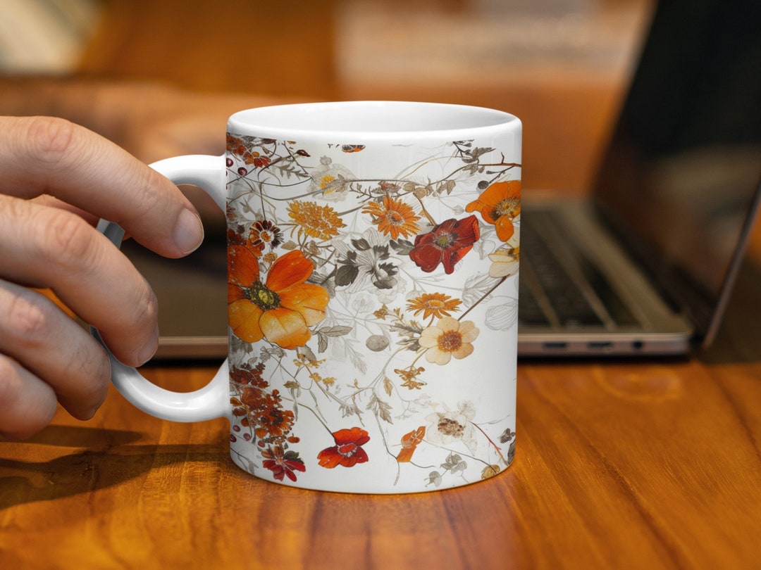 Floral Mug, Autumn Botanical Coffee Cup, Vintage-inspired Garden ...