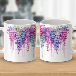 Vibrant Watercolor Wisteria Mug, Colorful Dripping Flower Design ...